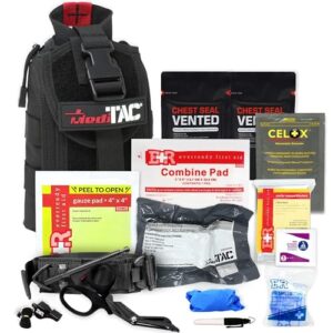 meditac premium tactical trauma ifak kit with celox hemostatic granules, sof tourniquet and pressure bandage in molle pouch, bleeding control kit (black)