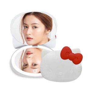 impressions vanity hello kitty kawaii compact mirror with touch sensor switch for purse, led makeup mirror with 2x magnifying top and adjustable brightness (white)