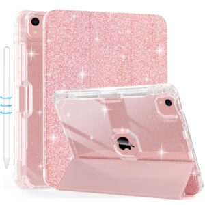 ipad air 11 inch case 2024, ipad air 5th/4th gen case 2022/2020 10.9 inch with pencil holder, auto wake/sleep, sparkly glitter trifold stand leather cover with shiny clear tpu back, rose gold