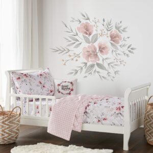 levtex baby - adeline toddler bed set - blush, pink, grey and white - classic floral - 5 piece set includes reversible quilt, fitted sheet, flat sheet, pillow case, decorative pilow