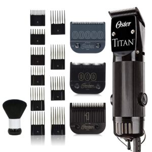 oster titan model #76076-310 detachable blade heavy duty clipper with bonus 00000 detachable blade, 10 guide comb set and neck duster