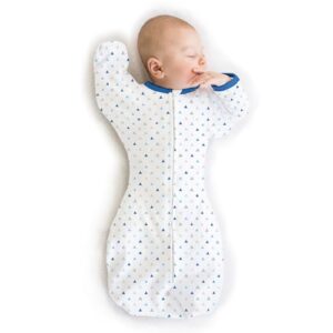 swaddledesigns transitional swaddle sack, arms up half-length sleeves & mitten cuffs, swaddle for newborn transition to baby sleep sack wearable blanket, small, 0-3 month, 6-14 lb, blue tiny triangles