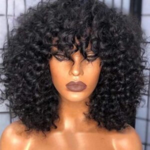 200 density scalp top curly full machine made human hair wigs with bangs remy brazilian short curly wig for women (14 inch)