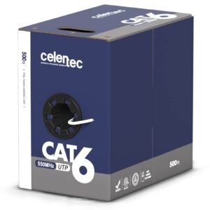 celertec cat6 ethernet cable, 500ft, 23awg solid bare copper, unshielded twisted pairs(utp), 550mhz, etl listed &cmr riser rated, indoor, bulk ethernet cable -white