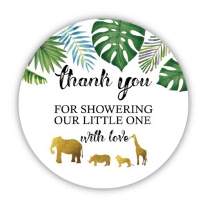 50 jungle gold baby shower stickers, thank you for showering our baby with love stickers, baby shower favors for boy or girl, baby shower favor labels for birthday party, 2 inches