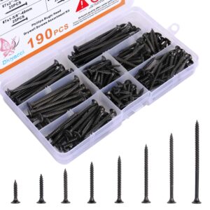 190pcs premium drywall screws, quality black steel #7 sharp point self tapping screws with phillips drive, 8 different sizes screws assortment set, ideal screw for drywall sheetrock, wood and more