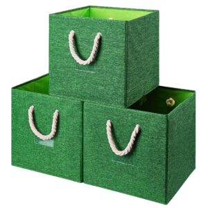 i bkgoo foldable storage cube bins,green linen fabric collapsible resistant basket box organizer with cotton rope handle for home office and nursery 13x13x13 inch