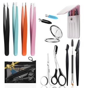 eyebrow kit,12 in 1 eyebrow tweezers set, professional eyebrow grooming kit for women and men includes eyebrow tweezers,eyebrow scissors,eyebrow brush,eyebrow razor,no bend hair clips,pocket mirror