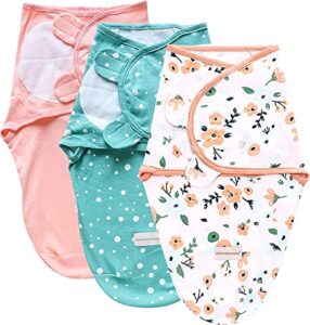 hooyax swaddle blanket for baby boys and girls, cotton swaddle wrap adjustable sleep sack for newborn baby, 3 pack, pink+green+floral large(3-6 months)