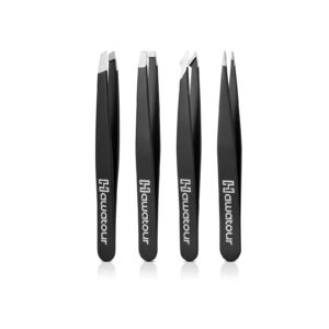 hawatour tweezers set, 4pcs eyebrows tweezers and a pair of scissor with leather case, great precision for eyebrow, ingrown hair, splinter, facial hair removal, black