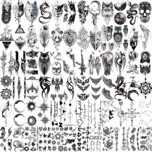 hotoyannia 72 sheets halloween tiny temporary tattoos stickers, fake tattoos that look real and last long, halloween tattoos include black scary wolf lion tiger skeleton skull tattoos