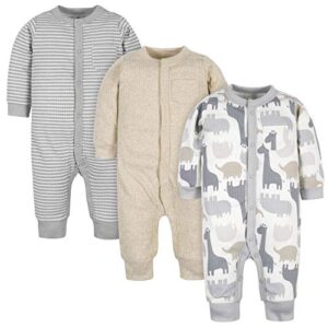 gerber baby boys 3-pack coverall set, jungle grey white, 0-3 months