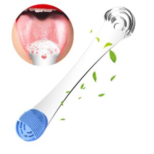 moosec tongue scraper for adults&kids, durable food grade 2 in 1 silicone tongue brush and 100% stainless steel tongue scrapers, reduce bad breath