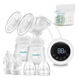 cozytots double electric breast pumps portable rechargeable battery operated breast feeding pump 9 suction levels with high definition display touch panel 5 milk bags 2 adapters