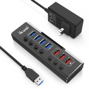 powered usb 3.0 hub, ikuai 7 ports aluminum usb splitter hub (3 faster data transfer ports+ 4 smart charging ports) with individual led on/off switches, multi usb port for pc, mac (rsw-a37)