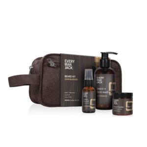 every man jack mens sandalwood beard set - perfect for every guy - includes full-sized grooming essentials - beard + face wash, beard oil, beard butter + dopp bag