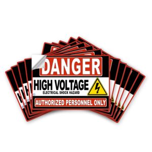 danger high voltage sign - for indoor or outdoor use - electric shock hazard - authorized personnel only – 10 sticker signs white & red – durable stickers with strong adhesive - construction use - 10” x 7”