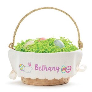 bunny and eggs personalized easter egg basket with handle and custom name | scallop edge linen easter basket liners | tan basket | woven easter baskets for kids | customized easter basket