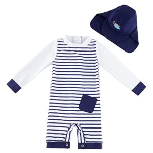 baby swimsuit boy one piece rashguard with hat upf 50+ sun protection ，blue stripes,6-9 months