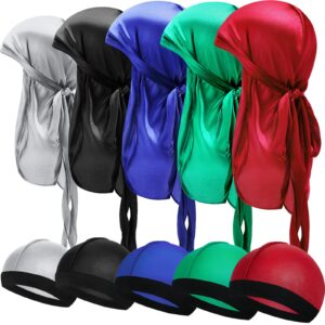 10 pieces kids satin silk durag with wave caps set unisex baby durags 360 wave wide strap headwraps long tail turban beanies (silver, black, royal blue, red, green)