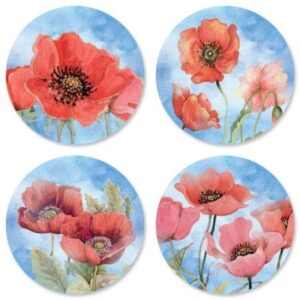 red spring poppies envelope seals - set of 144 (4 designs) round self-adhesive, flat-sheet seals, by colorful images