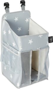 star pattern diaper caddy and nursery organizer for newborn baby essentials, hang on crib, baby bed. changing table or wall. multiple pockets to store wipes, creams, lotions, toys and more.