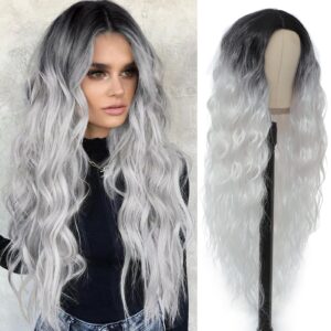 gowit ombre silver grey wigs for women 30 inch long curly wavy wig middle part dark roots natural looking synthetic heat resistant wig for halloween christmas daily cosplay party use