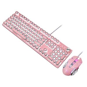 bnoukyue mechanical gaming keyboard and mouse combo, retro steampunk vintage typewriter-style keyboard with led backlit (pink)