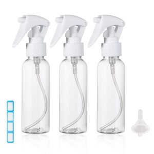 travel size spray bottle, 3.4oz/100ml plastic fine mist spray bottle set, refillable liquid containers, 3pcs clear trigger sprayer with funnel and labels for styling kitchen home office cleaning