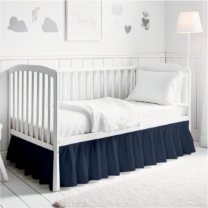 navy blue ruffled crib bed skirt - 100% cotton - nursery crib toddler dust ruffle bedding skirts for baby boy or baby girl - crib bed skirt for standard crib, 14" drop dust ruffle with split corner