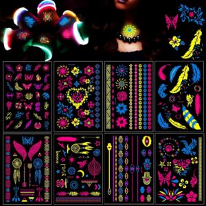 8 large sheets neon temporary tattoos glow in the dark neon tattoos for party decoration fake tattoos uv blacklight for adults kids birthday party decoration