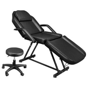 omysalon massage salon tattoo chair esthetician bed with hydraulic stool,multi-purpose 3-section facial bed table, adjustable beauty barber spa beauty equipment, black