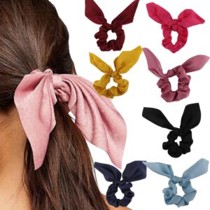 bow scrunchies for long hair - 8 pcs chiffon satin scrunchies silk with bow scarf, solid stripe flower color bow scrunchies, ponytail holder with tail, rabbit bunny ear bowknot hair accessories (a4)