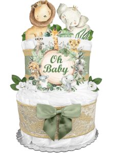 safari diaper cake - gender neutral baby gift - medium 2-tier - burlap and sage green