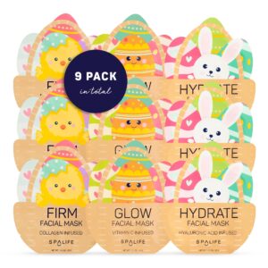 spalife spring & easter facial masks (9pack) - hyaluronic acid, collagen, vitamin c infused - reduces dark circles, hydrates, firms skin - skin care masks for puffiness, fine lines & wrinkles