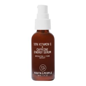 youth to the people 15% vitamin c + caffeine energy face serum, full size (1 fl oz), reduce puffiness, brighten uneven skin tone + improve texture, treats dark spots + dullness, vegan