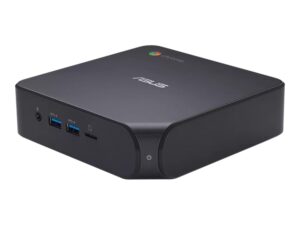 asus aluminum fanless chromebox with celeron 5205u, 4gb ram, 32g emmc storage, dual hdmi, legacy rs232, extended power switch, gigabit lan, wifi 6, microsd card reader, vesa mount, chrome os, black