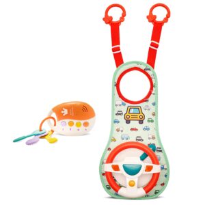 interactive car seat toys for baby girl & boy - portable toddler activity center with steering wheel, lever, sounds, music & lights - includes a car remote musical teether toy for infants