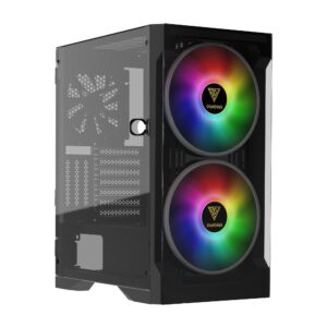 gamdias apollo e2 elite gaming case mid tower atx 2 x 200mm argb fan trapezoidal tempered glass panel with tool free installation tempered glass window (apollo e2 elite) black