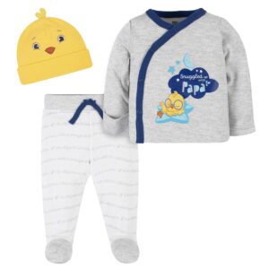 canticos unisex-baby boys 3-piece take-me-home shirt, footed pant, cap and toddler layette set, grey, 0-3 months us