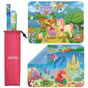 klean kids [2 pack] silicone placemats for toddlers (mermaid and princess) - non slip 2-pack with travel bag - princess & mermaid - baby placemats that stick to table for baby