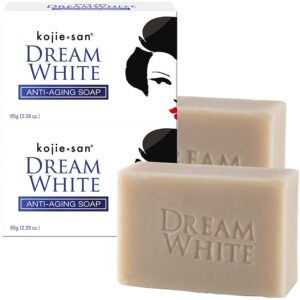 kojie san dream white soap - skin, body, and facial brightening & anti aging kojic acid soap with collagen, elastin & coconut oil - 65g x 2 bars