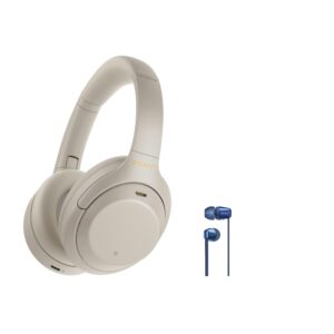 sony wh-1000xm4 wireless noise cancelling over-ear headphones with mic (silver) wi-c100 in-ear wireless headphones bundle (2 items)