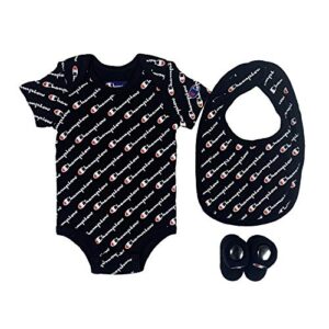 champion unisex baby 3-pc box set includes an infant body suit, a bib or hat & pair of booties in colors and size 0-6m, all over script-black 001, 0-6