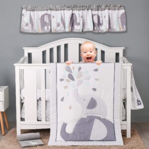 brandream playful elephant baby crib bedding set for boy, girl and unisex nursery - baby quilt, fitted crib sheet, crib skirt included, 3 pieces grey & mint