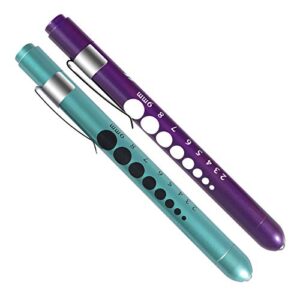 almocn 2 pack pen light,nurse medical reusable led penlight white light with pupil gauge and ruler,teal and purple