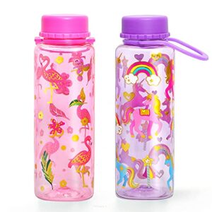 home tune 18oz kids water drinking bottle - tritan bpa free, wide mouth, carry loop, easy open, lightweight, leak-proof water bottle with cute design for girls & boys - 2 pack unicorn & flamingo