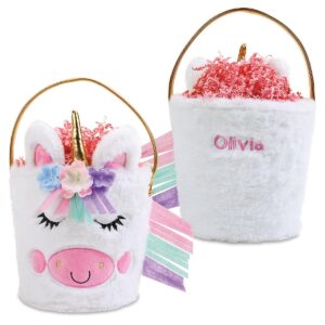 lillian vernon personalized plush unicorn bunny easter basket tote - 13" h, reusable stuffed animal baskets with custom name, pink girl egg hunt