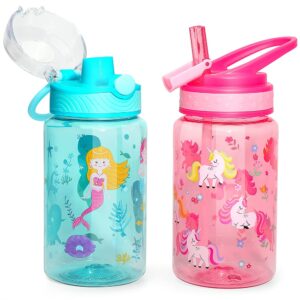 home tune 16oz kids water drinking bottle 2 pack - tritan bpa free, auto flip chug lid, sip straw lid, carry loop, lightweight, leak-proof, cute design for girls & boys - mermaid & unicorn