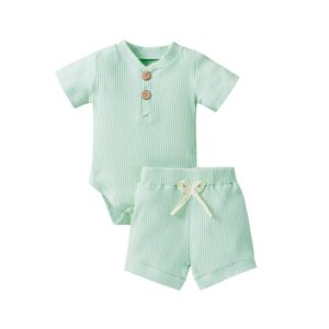 meiweileya newborn baby boy girls clothes solid ribbed short sleeve romper shorts set summer outfits (light green, 0-3 months)